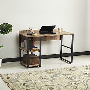 Aienid Solid Wood Walnut Black Computer Desk Black Metal Frame 58" Wooden Top 2 Shelves Writing and Computer Desk for Home Office, Oak