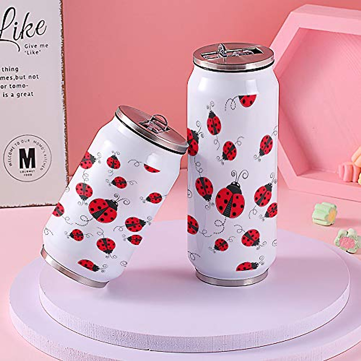14oz Stainless Steel Tumbler with Lid & Straw-Double Wall Vacuum Insulated Travel Mug,Insect Theme Red Ladybugs Pattern Water Bottle Coffee Beverage Drinks Cup for Adults Kids