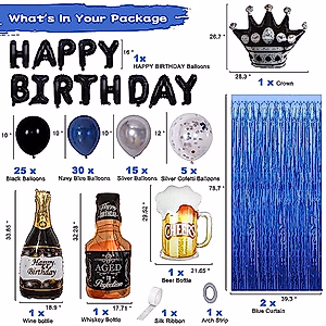 Navy Blue and Black Birthday Decorations for Men Women, Blue and Silver Birthday Party Decorations with Happy Birthday Banner,Fringe Curtains,Happy Birthday Decorations for Boys Girls Party Supplies