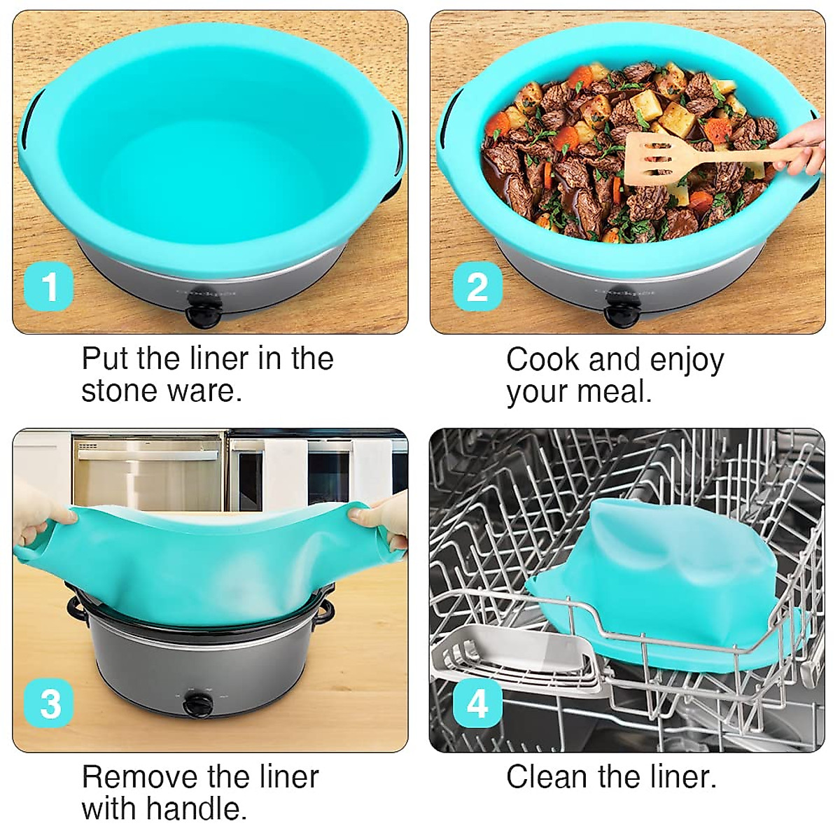 ChefAid Slow Cooker Liners, 100% Silicone Reusable Crock Pot Insert Accessories for 6-8 Oval or Round Quart Slow Cookers, Food Safe & Dishwasher Safe (Grey-Mint)