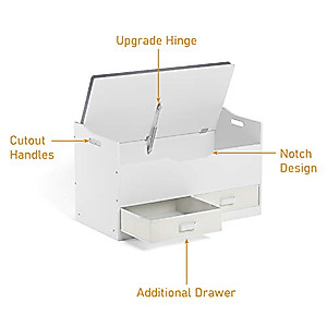 Timy Wooden Toy Box with Bench Seat, Toy Storage Chest with 2 Reversible Baskets and Safety Hinge for Kids, White