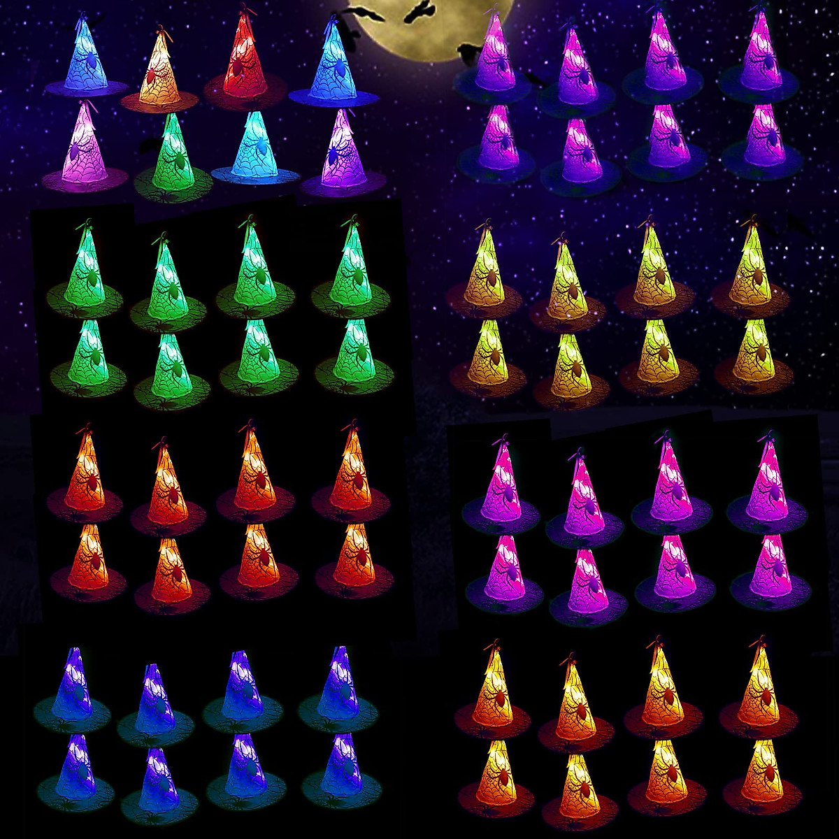 Lighted Hanging Witch Hats for Halloween Decorations, 8Pcs Color Changing 17FT 56 LED Light Up Witch Hats String Lights with Remote for Indoor Outdoor Party Yard Garden Tree Halloween Decor