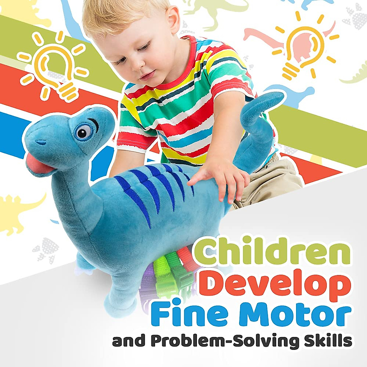 Little Chubby One Sensory Dinosaur Buckle Pillow - 11 Inch - Learning Activity Toy - Educational Toy Helps Develop Motor Skills Problem Solving Color and Number Recognition Ideal for Travel Great Gift