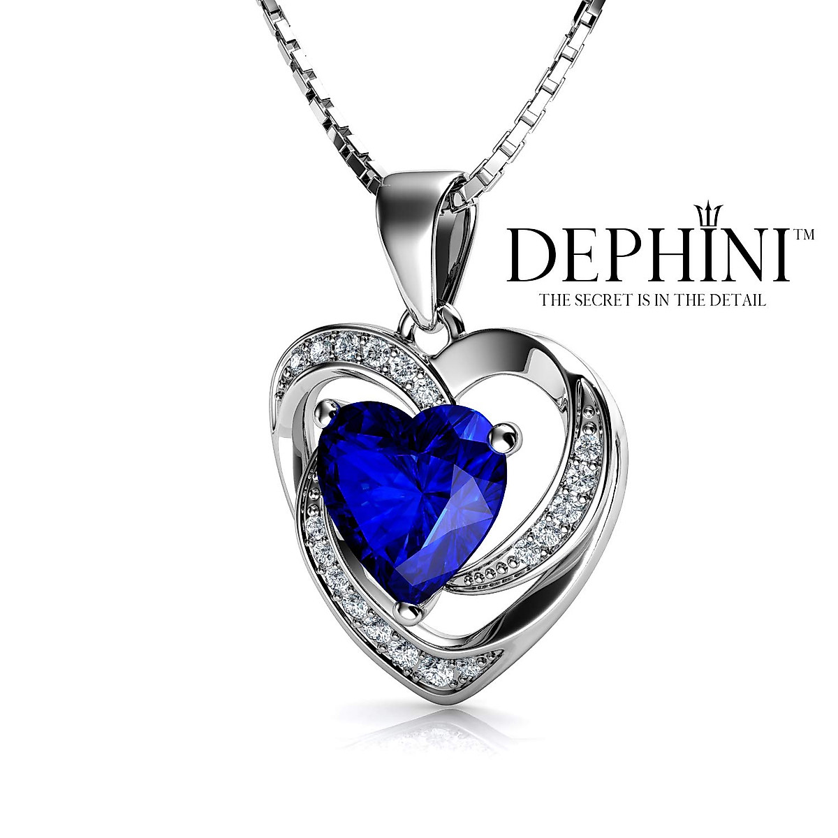 DEPHINI - Blue Heart Necklace - 925 Silver Heart Pendant with White CZ & Blue Birthstone Embellished with Branded Crystal for Women, 18" Sterling Silver Chain + Jewellery Box, Gifts for Women