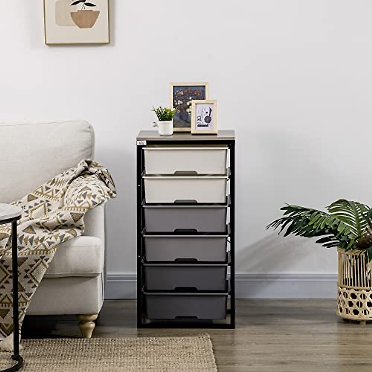 HOMCOM Dresser Storage Drawers with 6 Plastic Bins and Steel Frame, Crafting Bins for Living Room, Bedroom, Grey