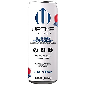 UPTIME Energy Drink, Blueberry Pomegranate, 12 Pack, Vitamin C, L Theanine, Calcium, Sugar Free Energy Drinks for Focus Support, 142mg of Natural Caffeine, 0 Calories, Clean, Natural, 12 fl oz Cans
