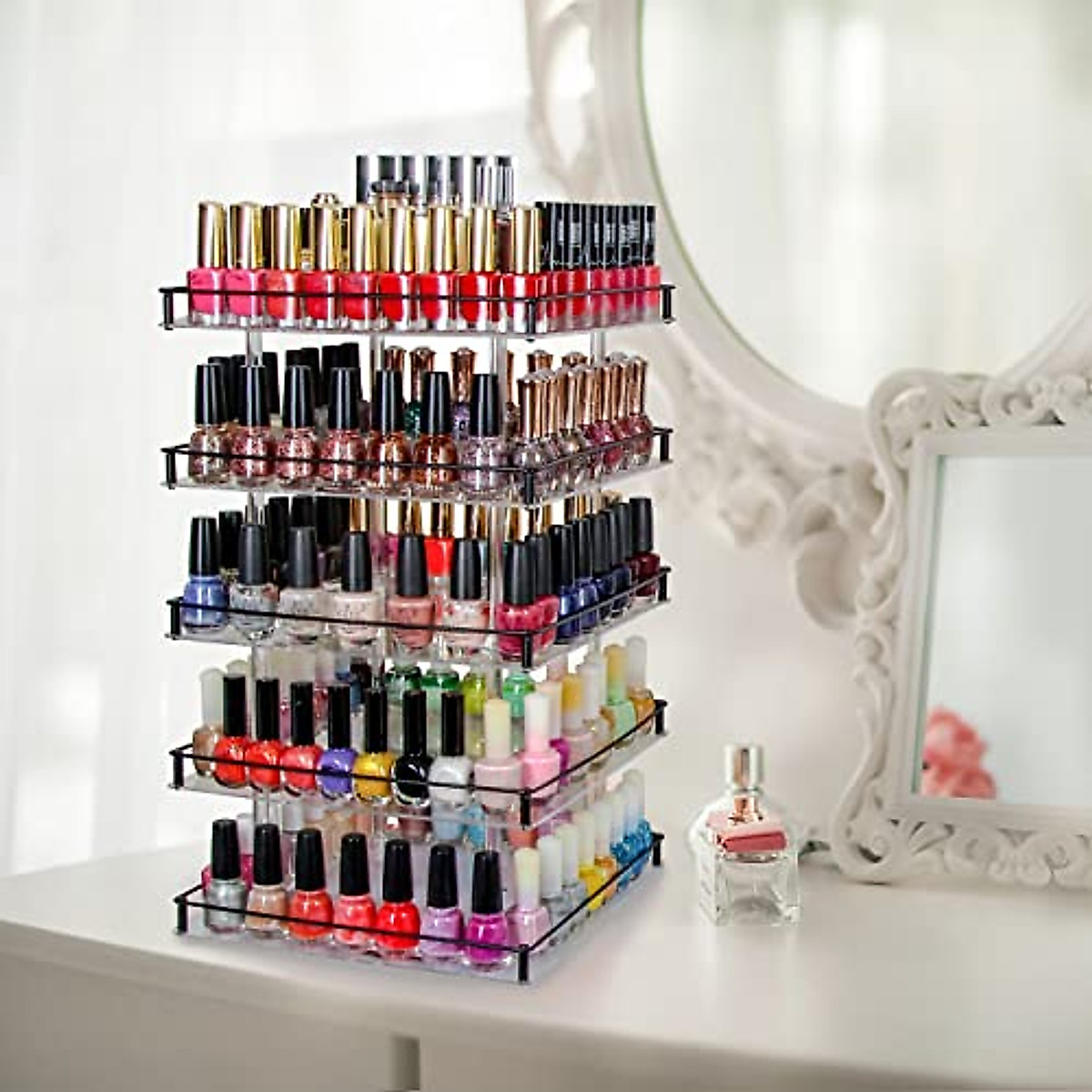 J JACKCUBE DESIGN Nail Polish Organizer, 5 Tier Acrylic 360 Rotating Display Rack Stand Makeup Cosmetics Storage Box Carousel Shelf with Black Iron Guard, Hold Up to 310 – MK302-5