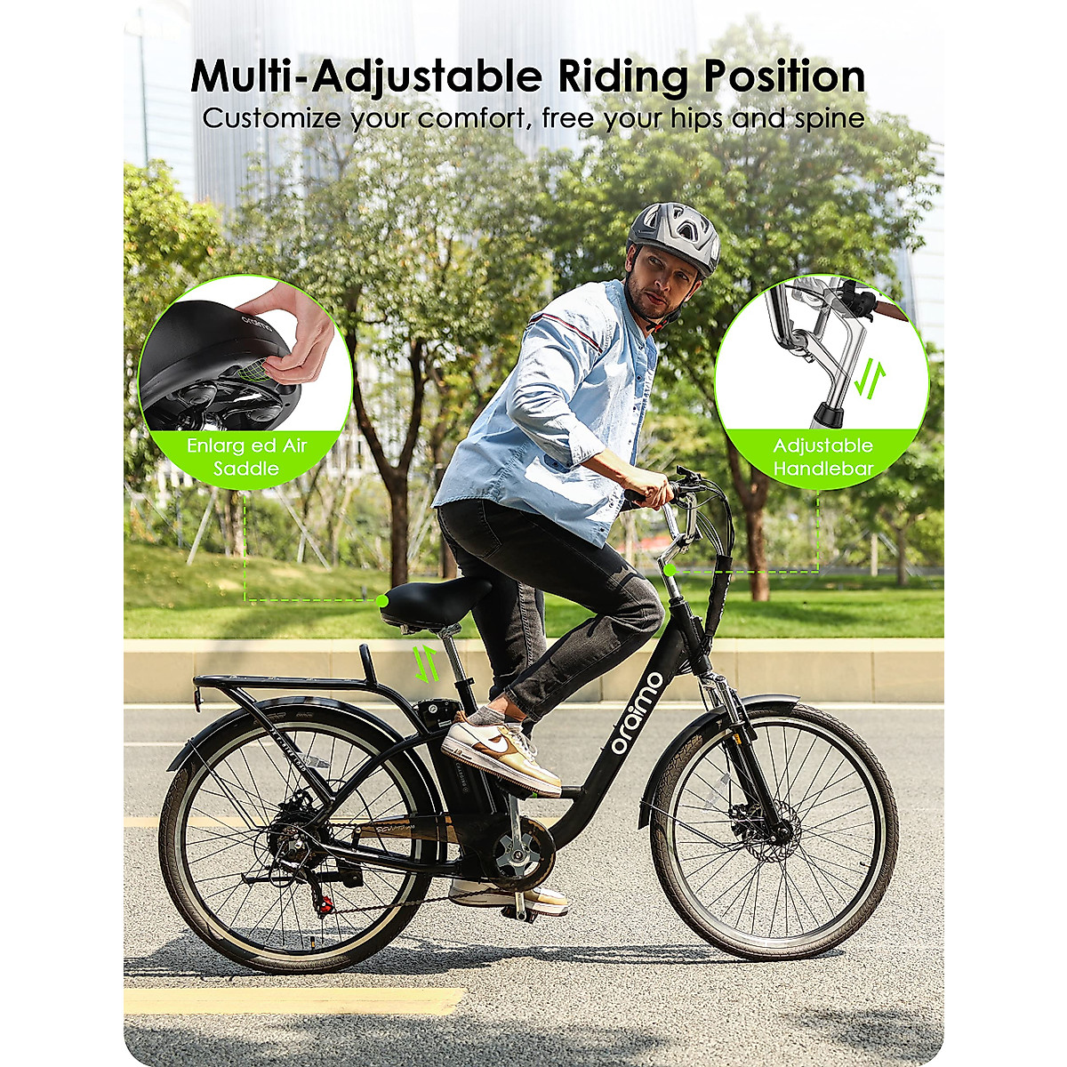 Oraimo Electric Bike for Adults 3A Fast Charge, 36V 10.4Ah UL-Certified Li-ion Battery, 350W Brushless Motor, 26" Aluminum Ebike 2X Load Rear Rack, Air Saddle, Shimano 7 Speed (Black, Standard)