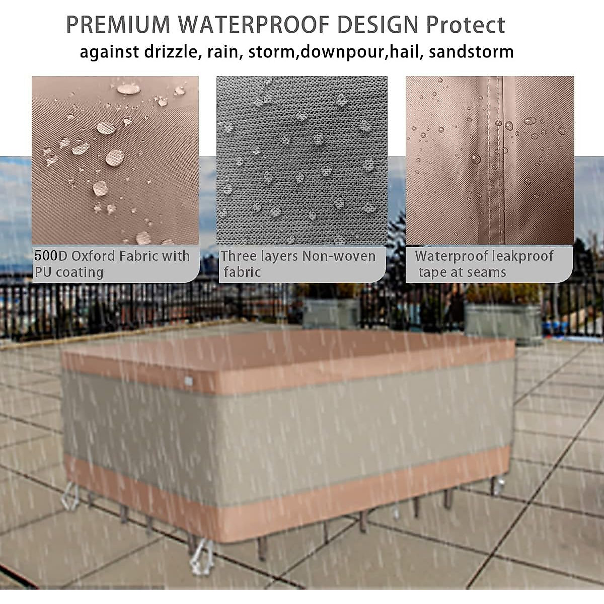 Garden Balsam Waterproof Rectangular Patio Table and Chair Cover Beige 126" L X 63" D X 28" H Outdoor General Purpose Furniture Covers Patio Furniture Set Cover