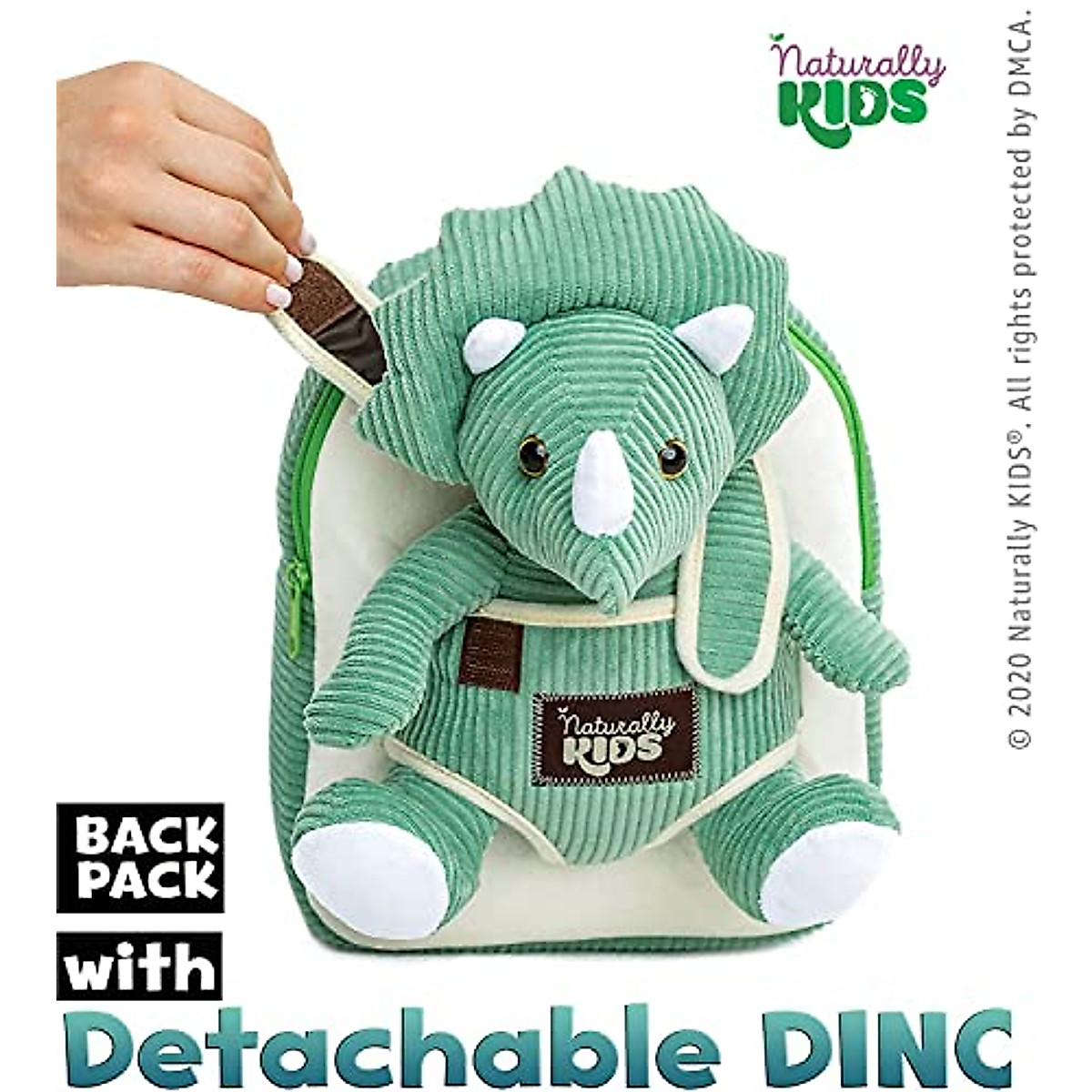 Naturally KIDS Small Dinosaur Backpack Dinosaur Toys for Kids 3-5 - Dinosaur Toys for 3 4 5 6 7 Year Old Girls Gift - Toddler Backpack for Boys Girl - Green Triceratops - Dinosaur Plush Stuffed Animal