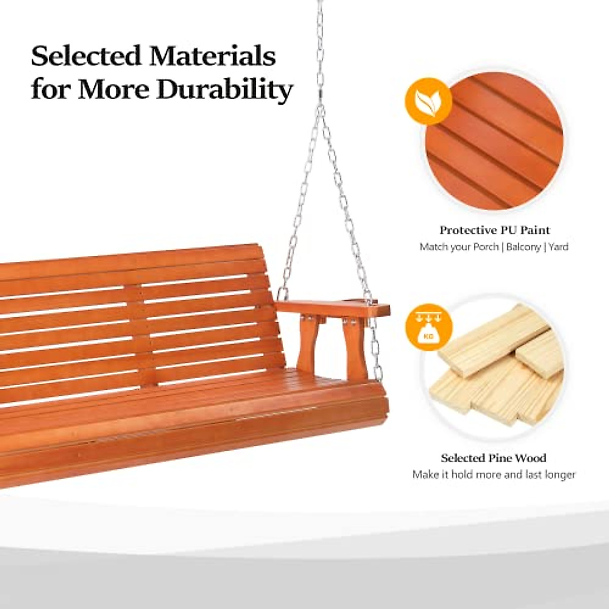 VINGLI Heavy Duty 880 LBS Patio Porch Swing Outdoor with Cup Holder, Hanging Chair with Adjustable Secure Chains, Pine Wood Outdoor Bench Tree Swing for Yard | Garden | Lawn | Balcony (5 FT, Brown)