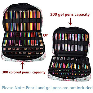 Shulaner Pencil Case Slot Holds 300 Colored Pencils or 200 Color Gel Pens with Zipper Closure Large Capacity Nylon Pen Organizer for Student or Artist (Green Rose with Shoulder Strap)