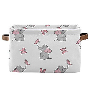 AGONA Large Foldable Storage Bin Cute Elephants Pink Butterflies Storage Bins Collapsible Decorative Fabric Storage Baskets with Leather Handles for Home Closet Bedroom Organizer Nursery 1 Pack