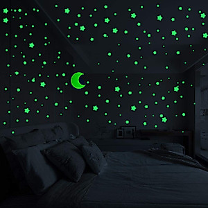 Finduat 466 Pcs Glow in The Dark Stars and Moon Wall Stickers, Glowing Stars and Moon for Ceiling and Wall Decals, Perfect for Kids Bedding Room or Party Birthday Gift(Green)