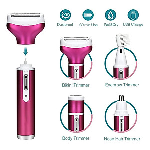 OOCOME Women Bikini Trimmer, 4 in 1 Woman Electric Shaver, Rechargeable Epilator Lady Hair Painless Shaver for Bikini Area/Nose/Armpit/Eyebrow/Facial