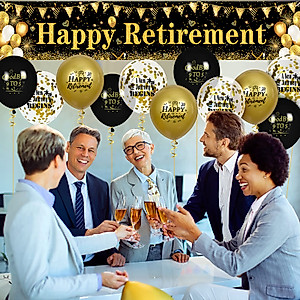 Retirement Party Decorations Black Gold Happy Retirement Banner and 18pcs Happy Retirement Balloons for Men and Women Large Black Gold Retirement Yard Sign for Retirement Party Supplies