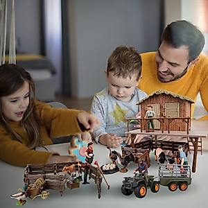 Toymany 54PCS Big Farm Animals Figurines Toy with Barn House Motorcycle Fence - Farm Tractor Figures Set with Farmers Pigs Foods, Educational Toys Christmas Birthday Gift or Kids Toddlers