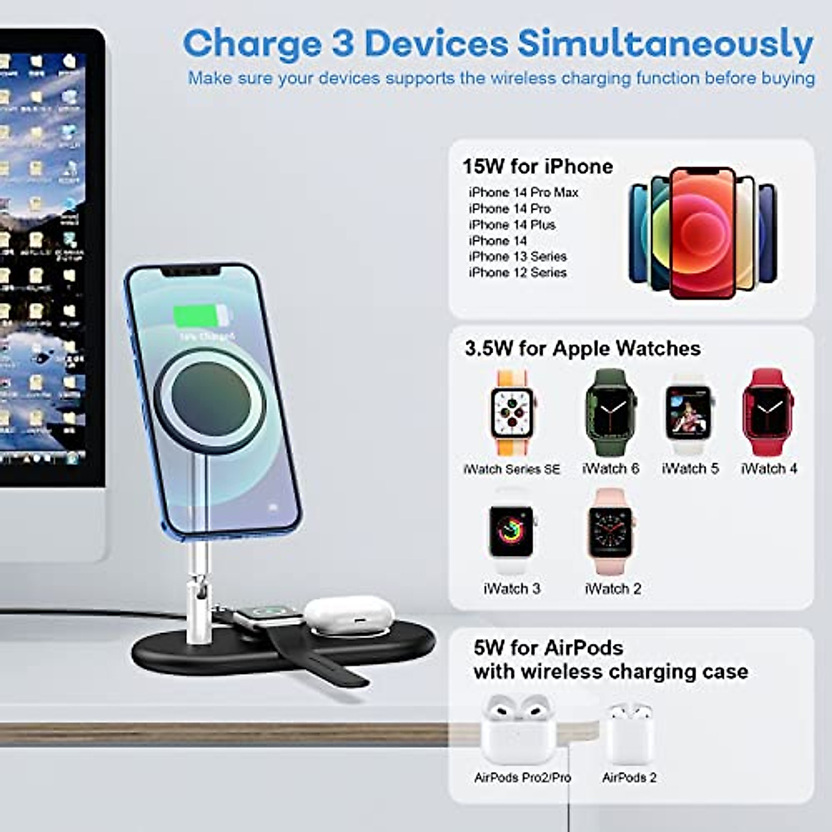 GEJIUCAI 3 in 1 Magnetic Wireless Charger, Adjustable Charging Station for Apple iPhone/iWatch/Airpods, for iPhone 14 13 12 Pro Max Mini, Airpods 3/2/Pro, iWatch 7/6/SE/5/4/3/2