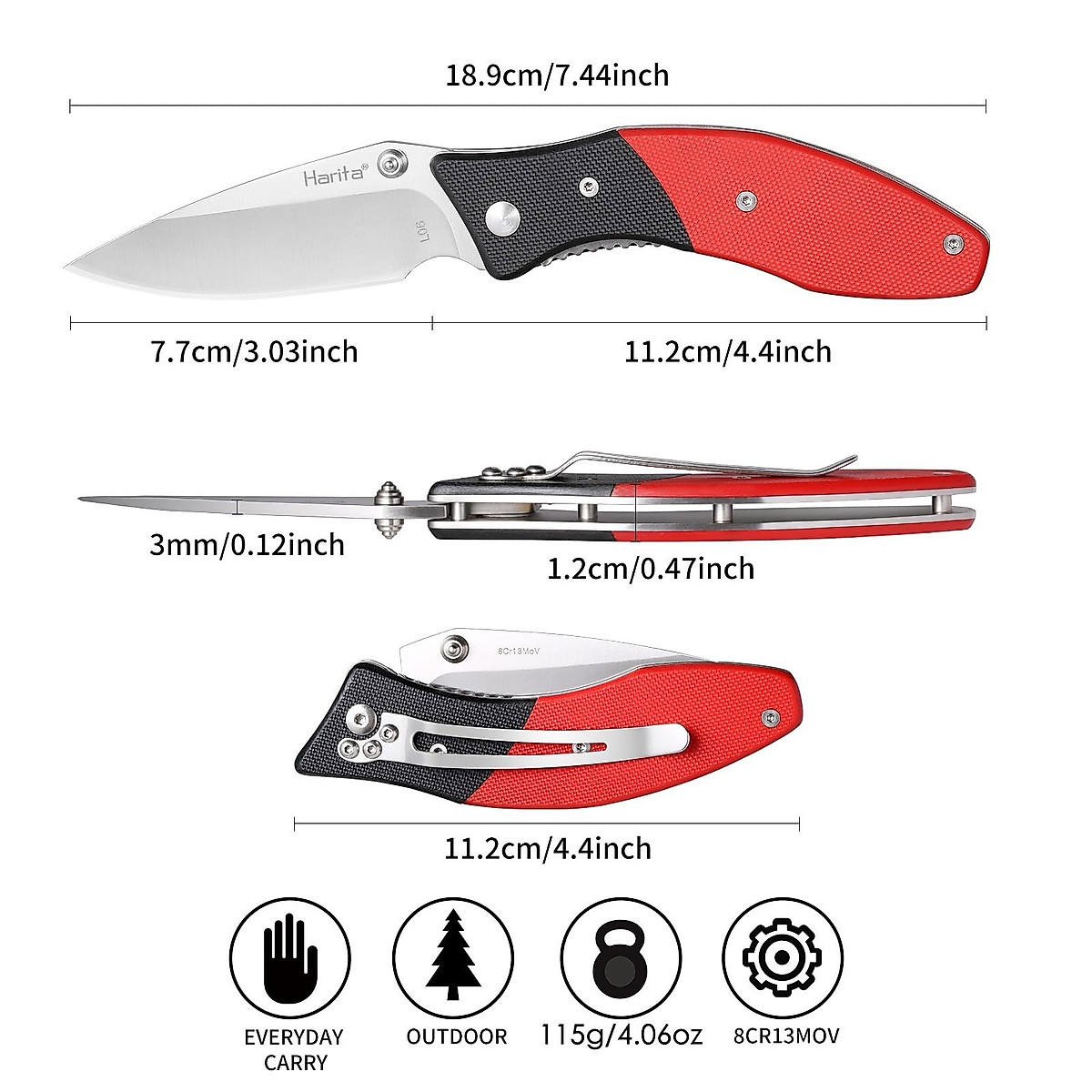 Folding Pocket Knife, 3 inch 8Cr13MoV Stainless Steel Blade, Safety Liner Lock, Pocket Clip, Manual Opening, G10 Handle, Perfect for Outdoor Camping and Everyday Carry, Black+Red