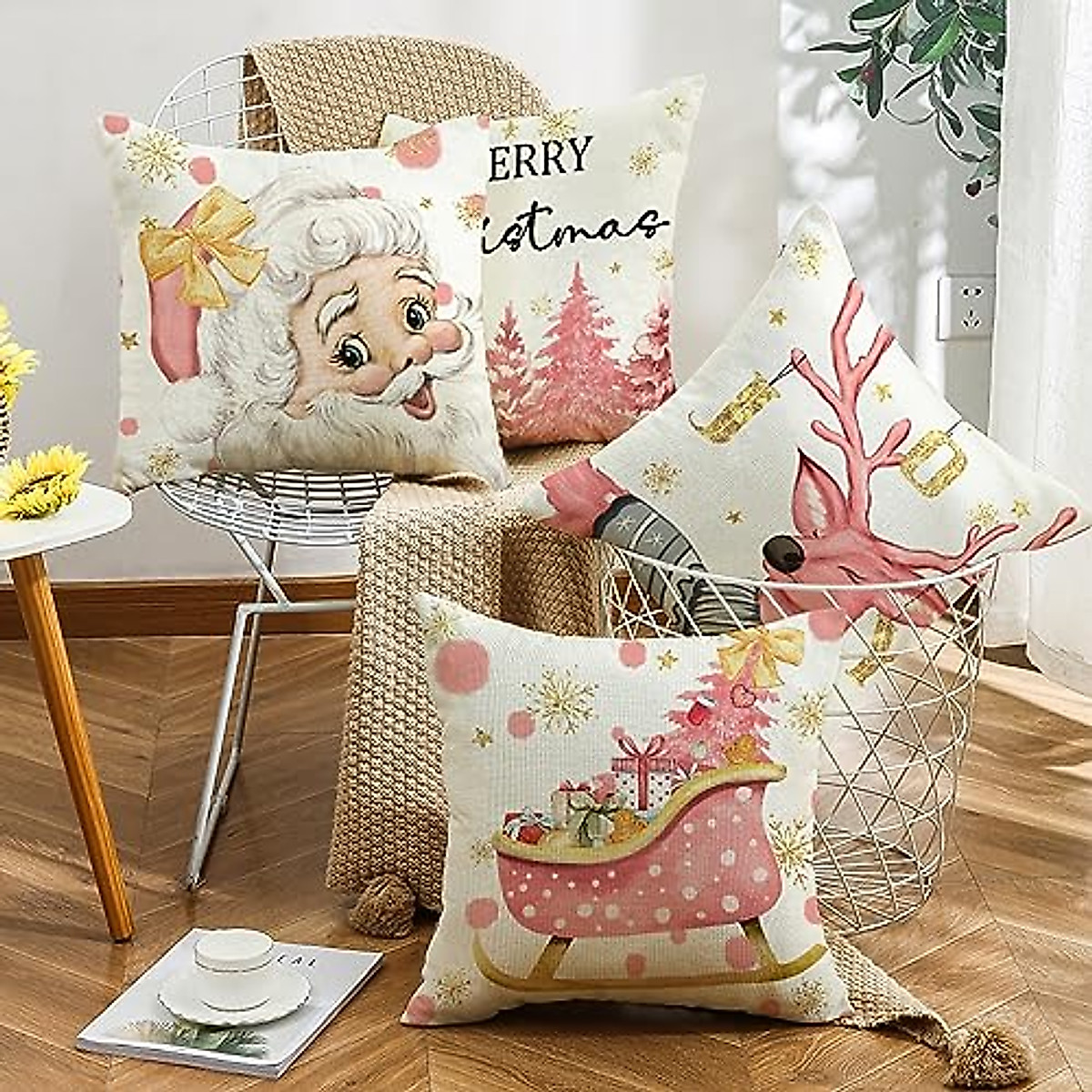 wyooxoo Christmas Pillow Covers 16x16 Inch Set of 4 Christmas Tree Reindeer Pink Decorations Throw Pillow Covers Winter Holiday Decor Linen Pillowcase for Sofa Couch Home Decor (16" x 16", Pink)