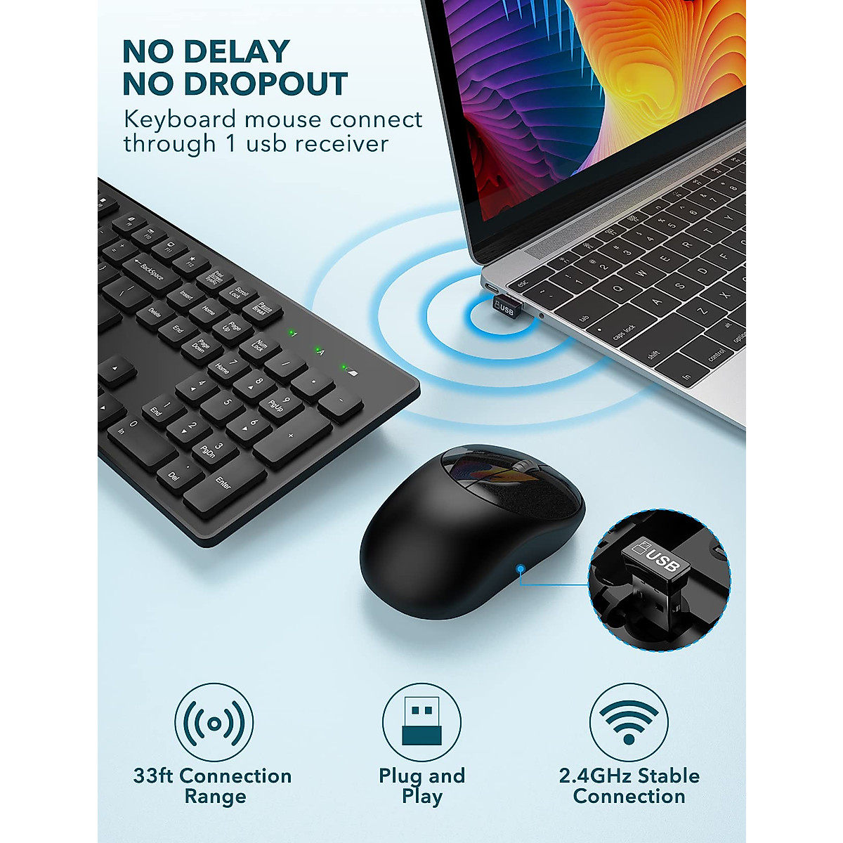Wireless Keyboard and Mouse, WisFox USB Computer Keyboard with Silent Keys, Long Battery Life, 2.4GHz Full-Size Lag-Free Cordless Combo for PC Laptops Windows Mac Chrome OS (Black)