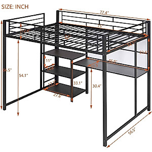 DNYN Full Size Loft Bed with Desk & Ladder for Kids Bedroom,Multifunctional Metal Bedframe w/Shelves & Whiteboard & Safety Rail Design,Space Saving & No Box Spring Needed, Black