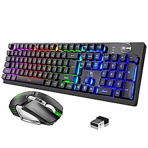 Rechargeable Gaming Keyboard Mouse Combo,2.4G Wireless,16 Kinds of RGB LED Backlit,Mechanical Feeling Keyboards with Knob Control,2400dpi Ergonomic Mouse with 7 Color Breathing LED Light (Black RGB)