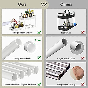 Appolab 2 Pack Under Sink Organizer, Sliding Cabinet Basket Organizer Drawers, Under Sink Organizers and Storage Bathroom Kitchen Cabinet Organizer with Hooks The Bottom Drawers Can Be Slid Out, White