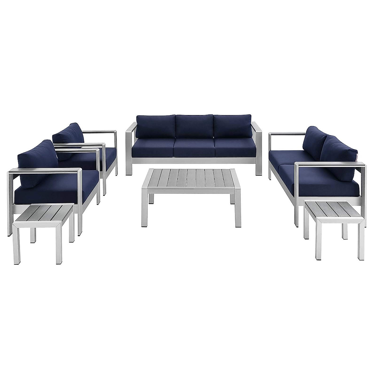 Modway EEI-4322-SLV-NAV-SET Shore Aluminum Sunbrella Fabric 7-Piece Outdoor Patio Set, Silver Navy