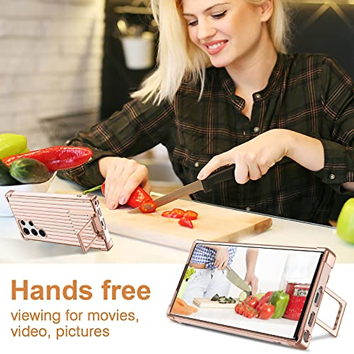 PTUONIU for Samsung Galaxy S22 Ultra Case, Luxury Electroplate Edge Bumper Case Wristband Kickstand Rugged Cover with Fashion Designs for Women Girls,Protective Phone Case for S22 Ultra Rose Gold