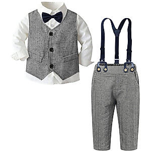 SANGTREE Boys Tuxedo Outfits Suits, Button-Up Formal White Bow Tie Shirt + Vest + Suspender Pants Wedding Party Clothes Set, Grey Claws, 12-18 Months = Tag 80