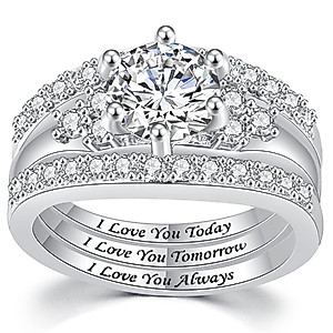 Jude Jewelers Platinum Plated Three-in-One Wedding Engagement Statement Proposal Valentines Halo Bridal Ring Set (Silver, 7)
