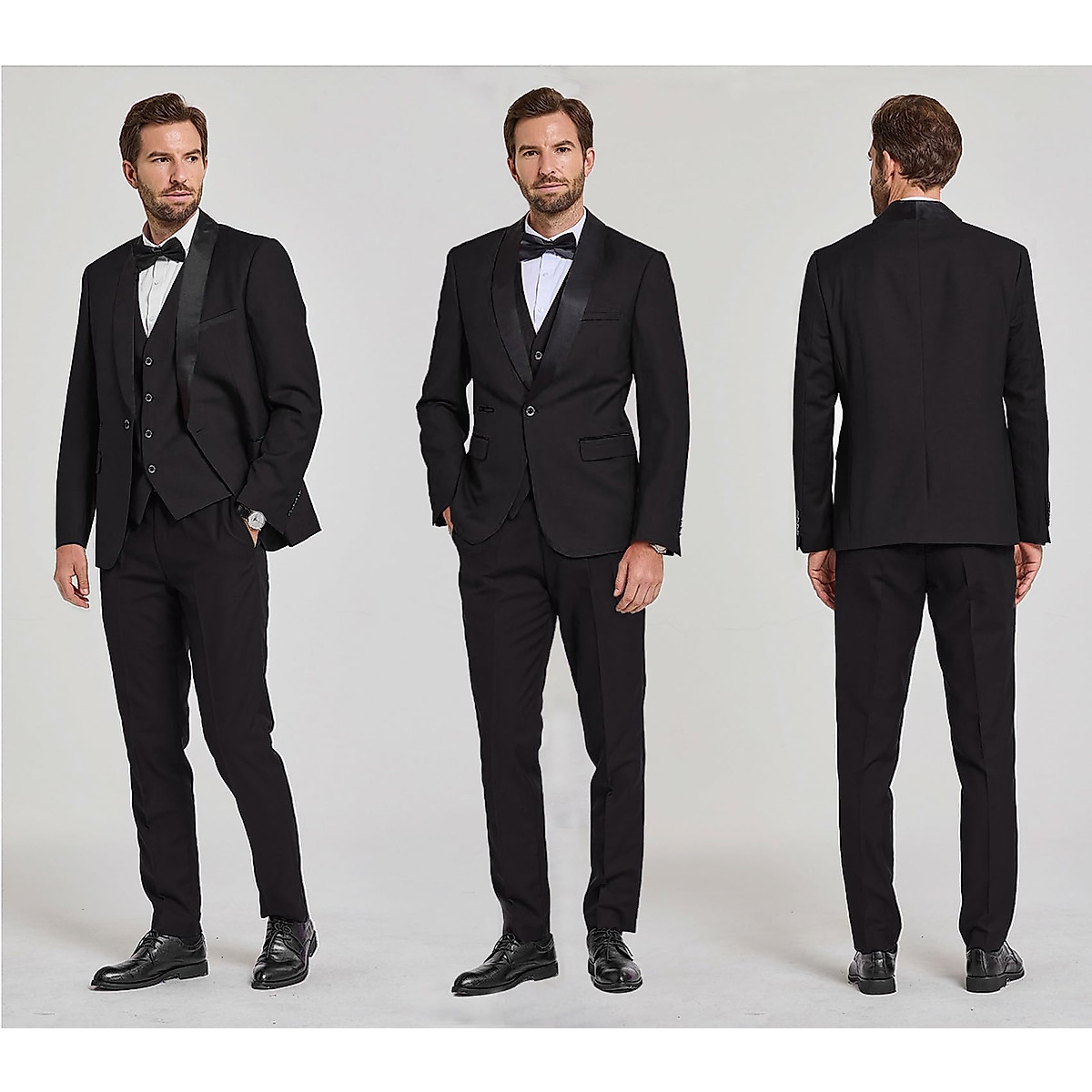 Hihawk Men's 3 Piece Slim Fit Solid Tuxedo with Stretch Fabric, One Button Shawl Collar Jacket Vest Pants with Bow Tie. Black Medium