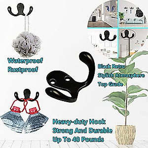 3 Pack Black Double Prong Coats Towel Hooks for Bathrooms Wall Mounted Shower Rustproof, 1.37 Oz Retro Wall Hooks Heavy Duty Hanging Towels Coat Hat Loofah Robe Key Scarf Bag Cap Kitchen Accessories
