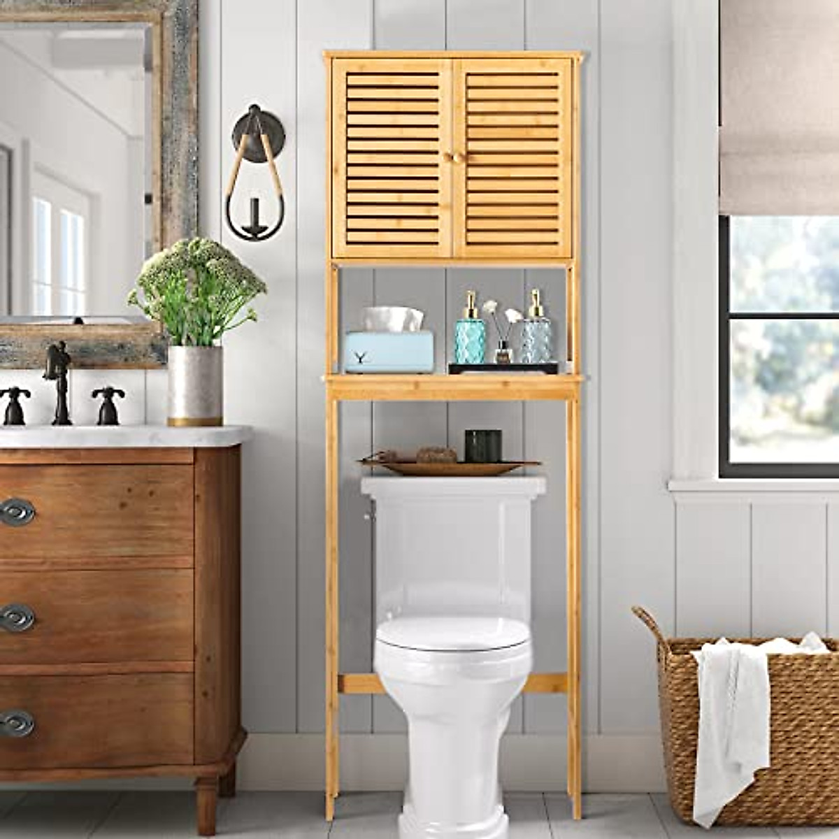 Bathroom Cabinet Over The Toilet, 2 Door Bamboo Storage Cabinet, Freestanding Space Saver Toilet Rack with Adjustable Inside Shelf and Open Shelf, for Bathroom, 9.05"D x 23.62"W x 67.91"H (Burlywood)