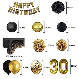 Black and gold 30th Birthday Party Decorations, Happy Birthday Banner with Paper Decorations Tablecloth, Number 30 Balloon, Black and Gold 30th Birthday Party Supplies by BRT Bearingshui