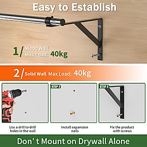 Clothing Rack Wall Mounted - 44 Inch Heavy Duty Detachable Wall Mounted Clothes Rack Garment Bar, Space Saving Multi Purpose Clothes Hanging Rod for Closet Storage Laundry Room Drying Rack - NO SHELF