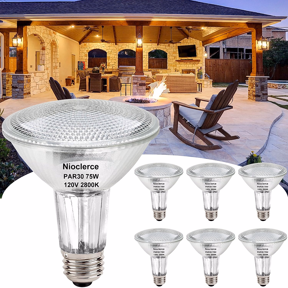 Nioclerce PAR30 Long Neck Halogen 75W 120V - 6 Pack PAR30 75W 120V Flood Bulb E26 Base, PAR30 Dimmable Warm White 2800K, High Output 800LM 75W PAR30 Halogen Bulb for Tracking Light, Recessed Light