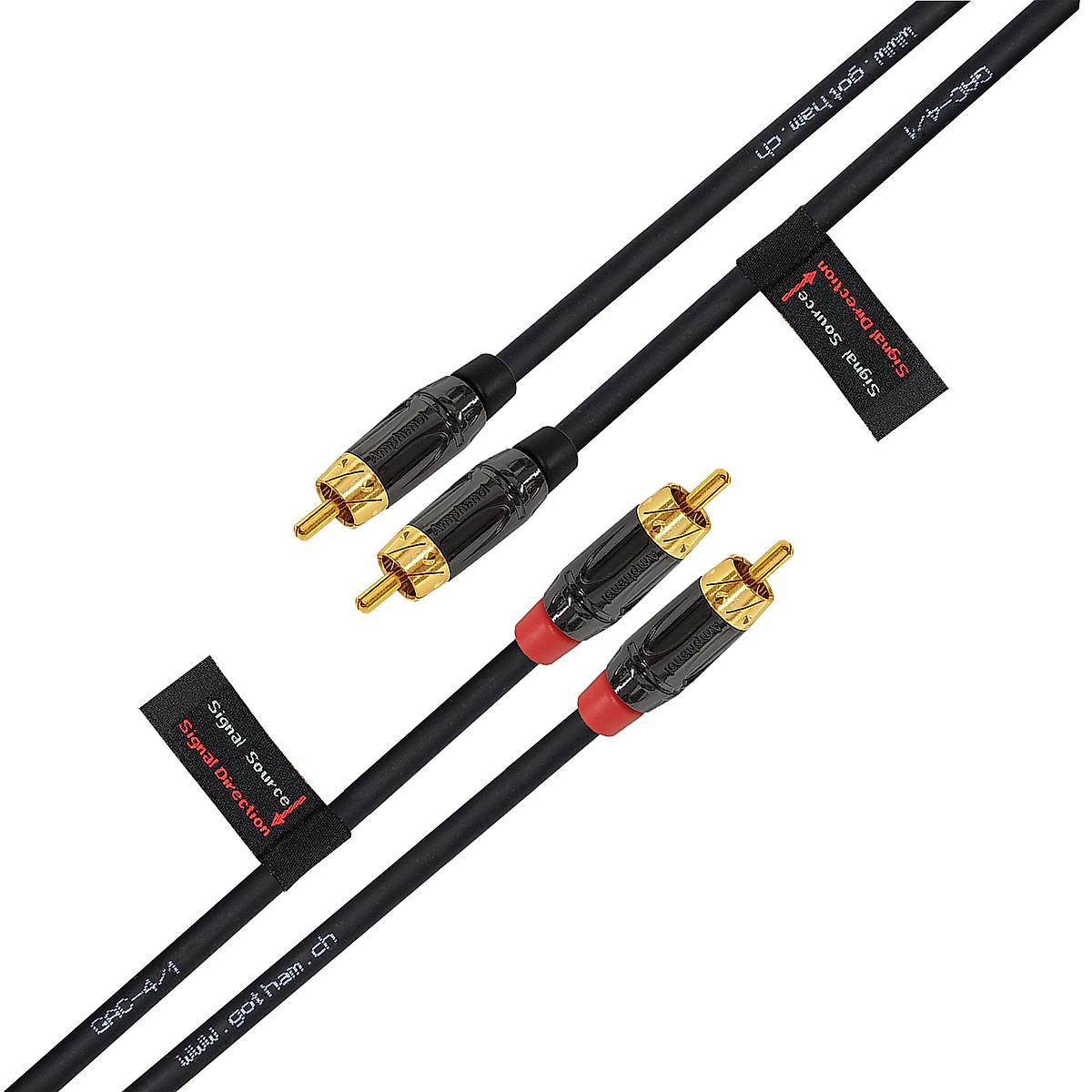 50 Foot RCA Cable Pair - Gotham GAC-4/1 (Black) Star-Quad Audio Interconnect Cable with Amphenol ACPL Black Chrome Body, Gold Plated RCA Connectors - Directional