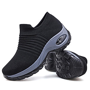 JITTUE Walking Shoes for Women Sneakers Athletic Non Slip on Fashion Running Platform Sock Mesh Lightweight Wedge Shoes (Black US 5.5)