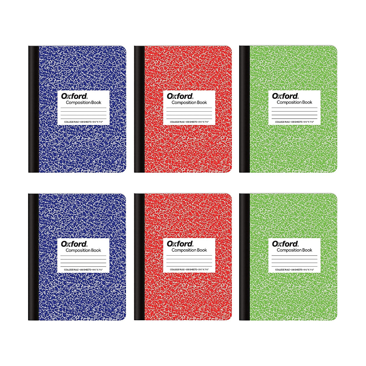 Oxford Composition Notebook 6 Pack, College Ruled Paper, 9-3/4 x 7-1/2 Inches, 100 Sheets, Assorted Marble Covers. 2 Each: Blue, Green, Red (63763)