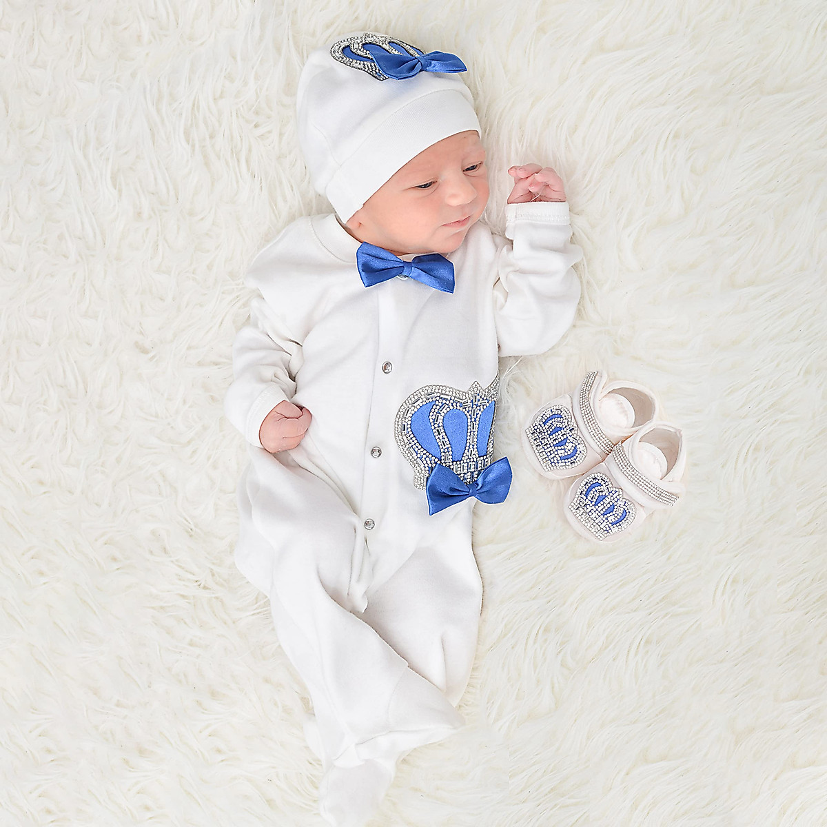 Lilax Baby Boy Jewels Crown Layette 4 Piece Gift Set 0-3 Months Royal Blue