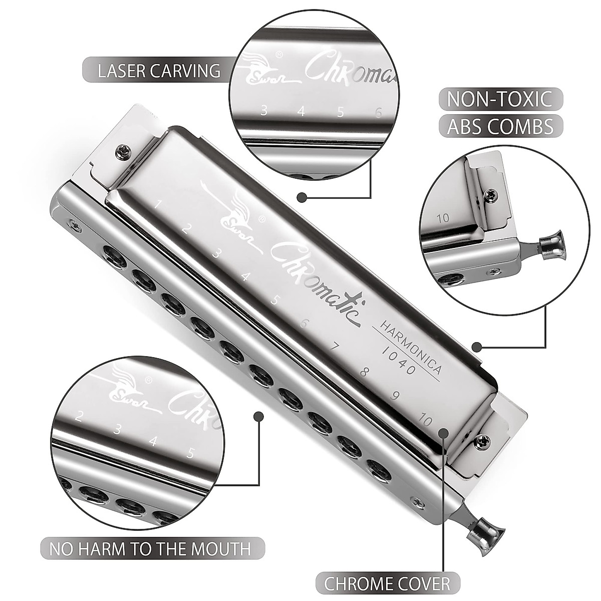 SWAN Chromatic Harmonica 10 Holes Deluxe Harmonica C Key with Slider and Valve - 10 Hole 40 Tone for Adults Beginners Students - Professional Harmonica Key of C, Polished Silver (SW1040-1)