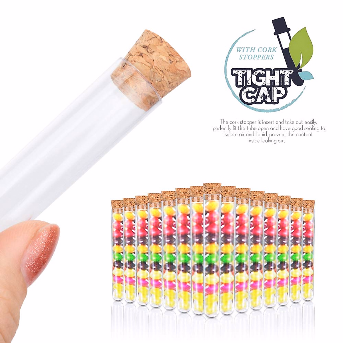 HNYYZL 25Pcs Clear Plastic Test Tubes with Cork Stoppers, 15x100mm 10ml, Good Seal for Jewelry Seed Beads Powder Spice Liquid Storage, Lab Use or Decoration