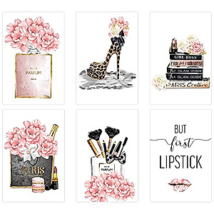 KALYLOC 6Pcs Pink Fashion Women Canvas Wall Art Prints, Pink Flower Perfume Makeup Brush High Heels Handbags Pictures Paintings, Art Decorations for Living Room Bedroom Office (8''x12'' in Unframed)