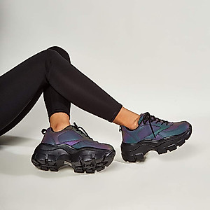 LUCKY STEP Women Chunky Platform Dad Colorblock White Neon Green Fuchsia Hologram Silver Casual Lace-Up Walking Sneakers(Charcoal,10 B(M) US)