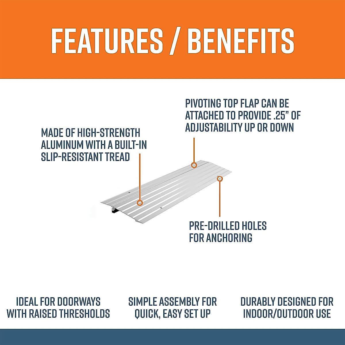 EZ-ACCESS Transitions Portable Self Supporting Aluminum Modular Entry Threshold Ramp Ideal for Doorways and Raised Landings, 1 Inch