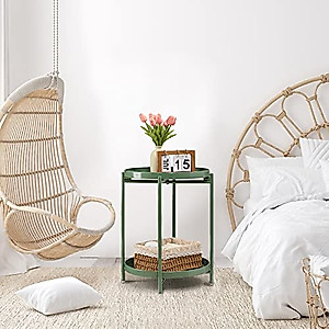 TeoKJ 2 Tier Green Side Table, Folding Round Metal End Table Small Nightstand Accent Table with Two Removable Tray for Bedroom Living Room Bedside Small Spaces Dark Green