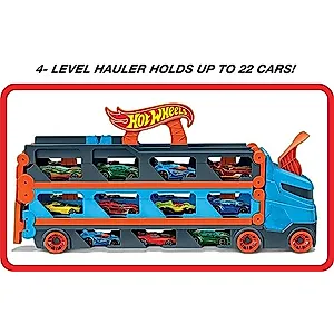 Hot Wheels Speedway Hauler Storage Carrier with 3 1:64 Scale Cars & Convertible 6-Foot Drag Race Track for Kids 4 to 8 Years Old, Stores 20+ Cars, HGH33