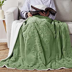 Amélie Home Sherpa Throw Blanket for Couch, Damask 3D Jacquard Pattern and Soft Teddy Sherpa Reverse, Decorative Fleece Thick Warm Blanket for Sofa Bed (Sage Green, 50 x 60'')
